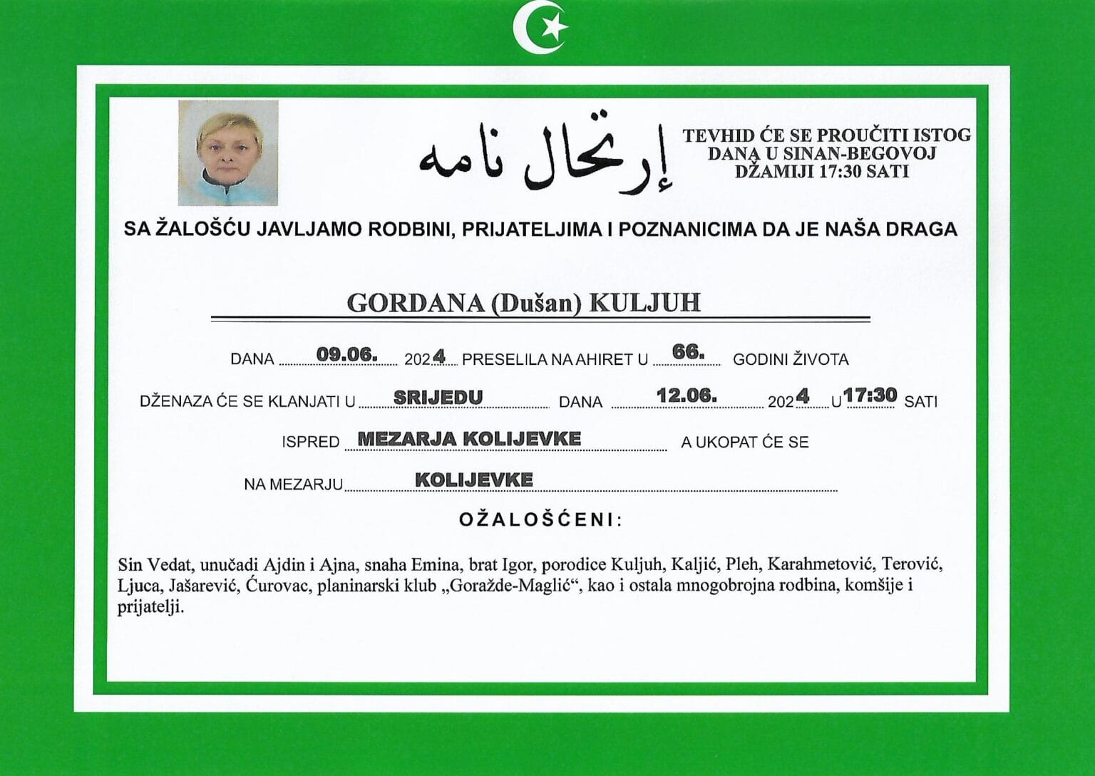 Smrtovnice - MIG d.o.o. smrtovnice Goražde, područje BPK